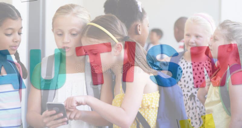 Image of Autism Text Over Diverse Schoolchildren Using Smartphone Stock ...