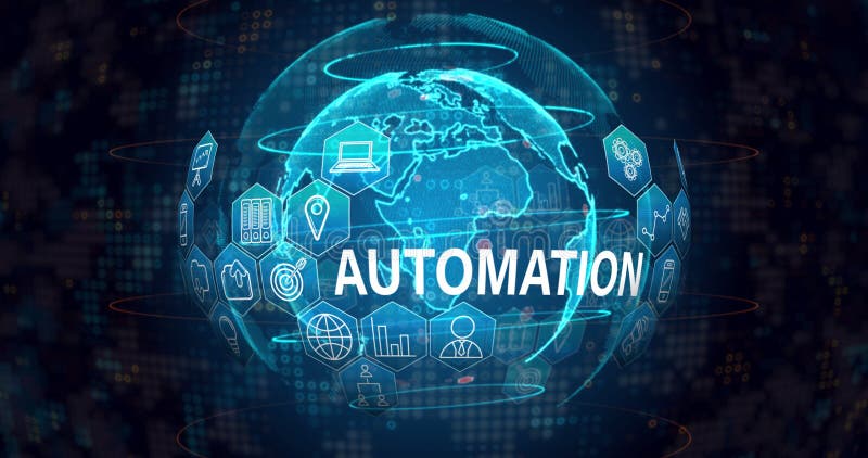 Image of Automation Text with Icons Over Globe on Black Background ...