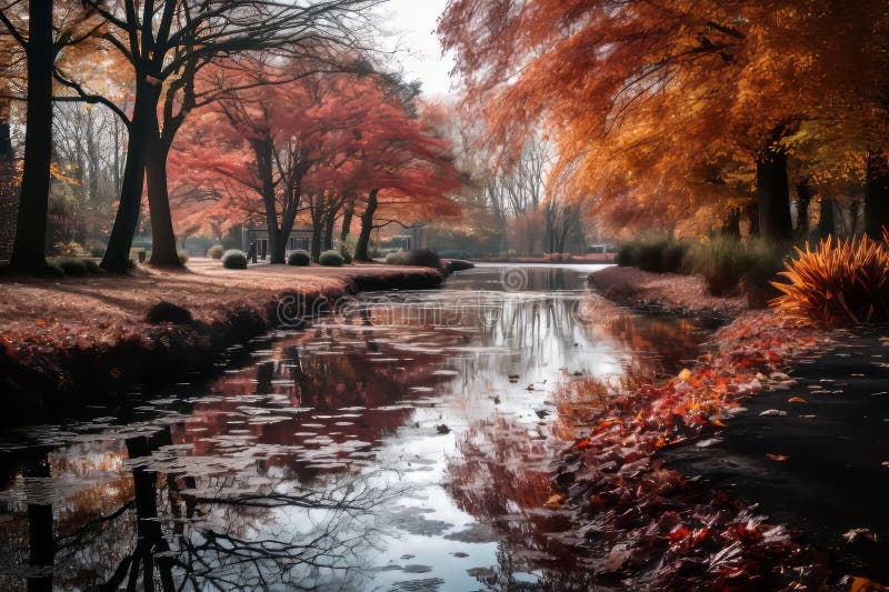 An Image of an Autumn Scene with Trees and Water Stock Illustration ...