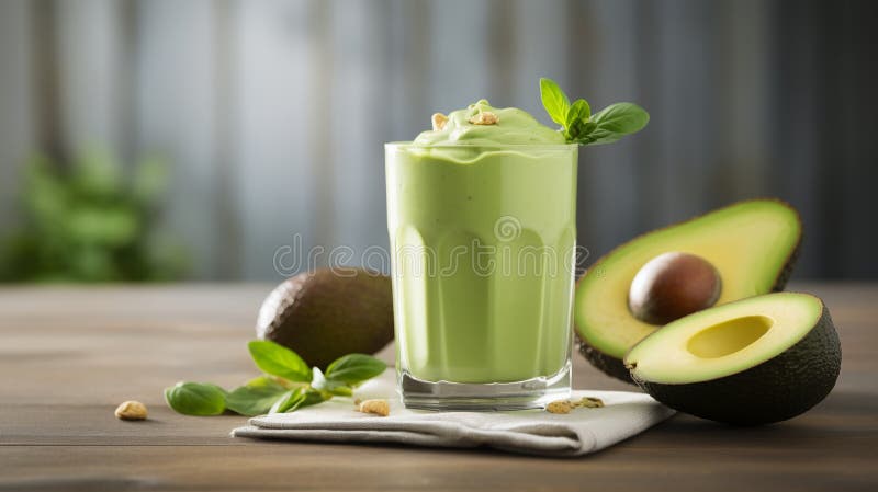 Glass of Tasty Avocado Smoothie on Wooden Table with Pace for Text ...