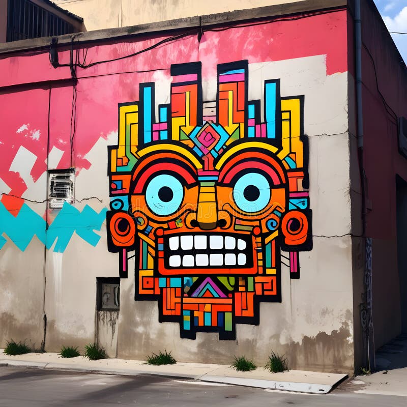 Image of the Aztec Statue in Vibrant Graffiti Scene Drawn Around the ...