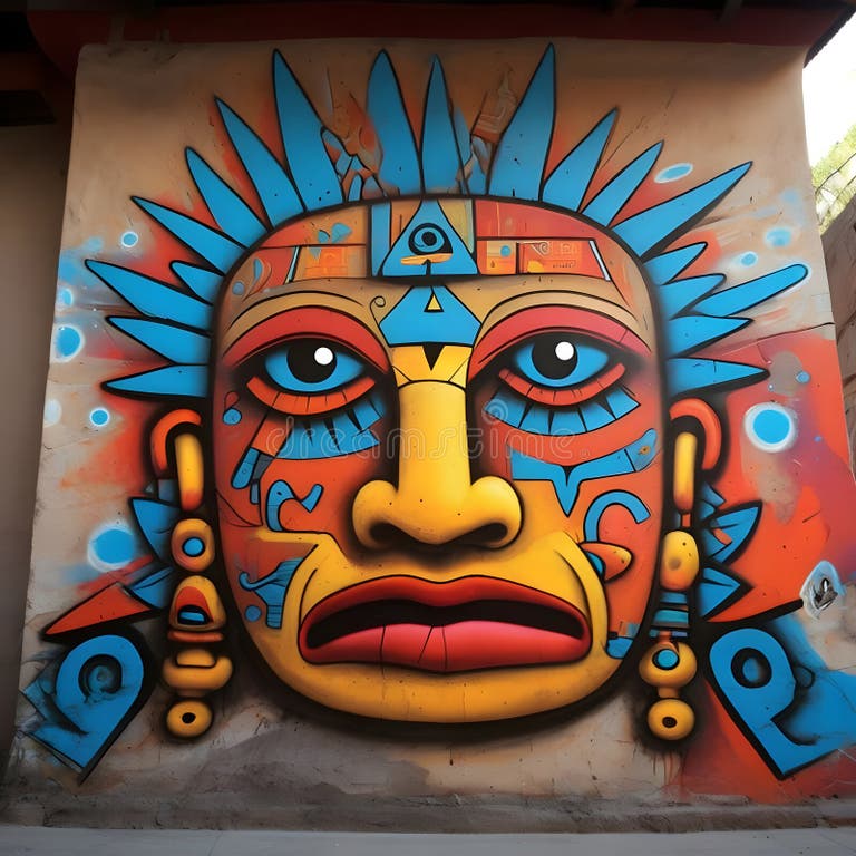 Image of the Aztec Statue in Vibrant Graffiti Scene Drawn Around the ...