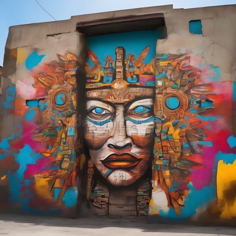 Image of the Aztec Statue in Vibrant Graffiti Scene Drawn Around the ...