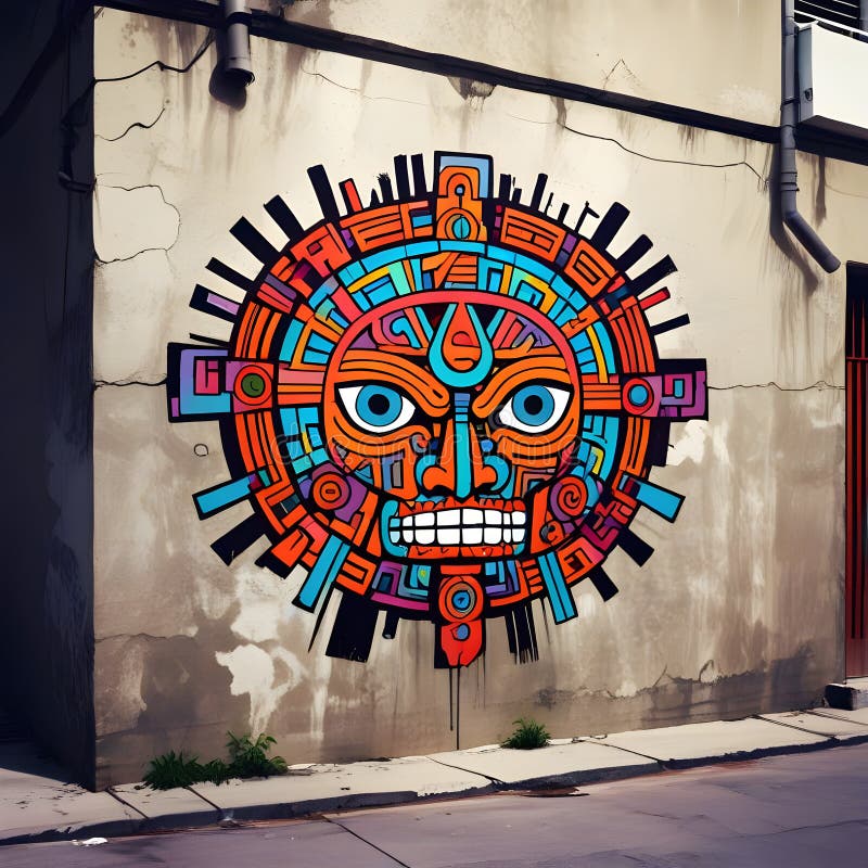 Image of the Aztec Statue in Vibrant Graffiti Scene Drawn Around the ...