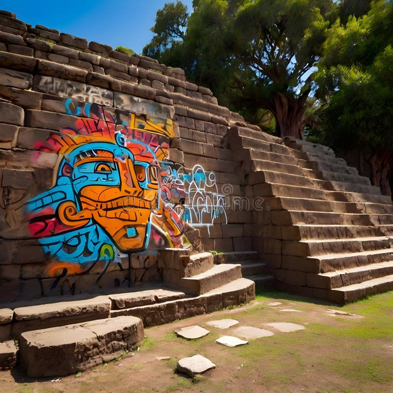 Image of the Aztec Statue in Vibrant Graffiti Scene Drawn Around the ...