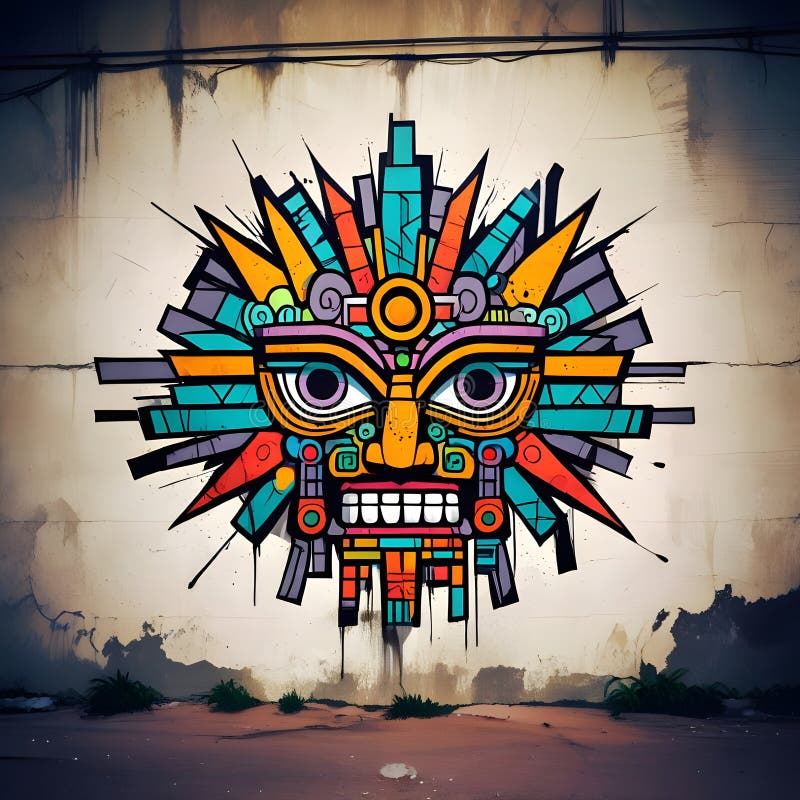 Image of the Aztec Statue in Vibrant Graffiti Scene Drawn Around the ...