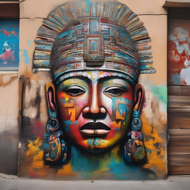 Image of the Aztec Statue in Vibrant Graffiti Scene Drawn Around the ...
