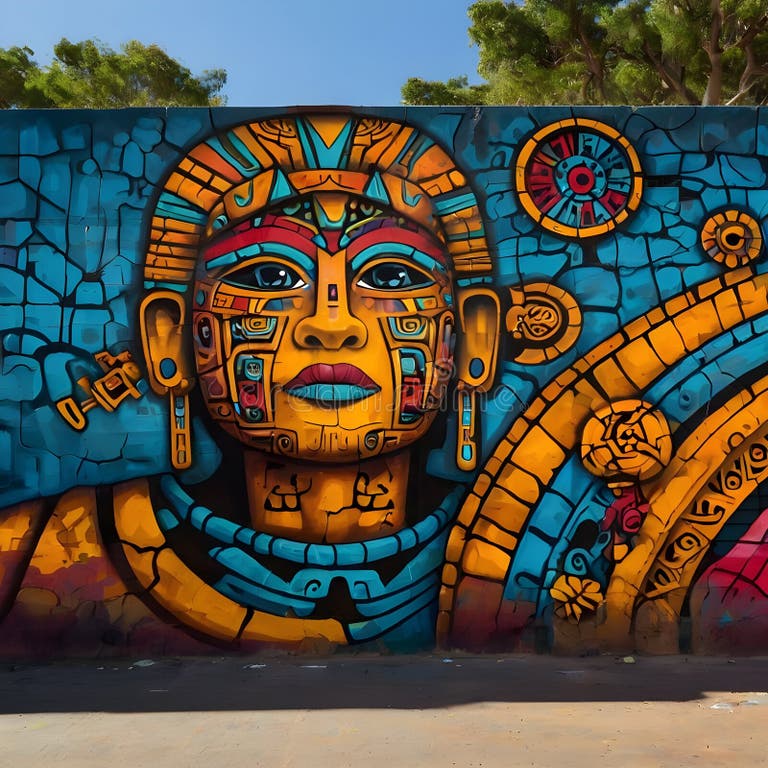 Image of the Aztec Statue in Vibrant Graffiti Scene Drawn Around the ...