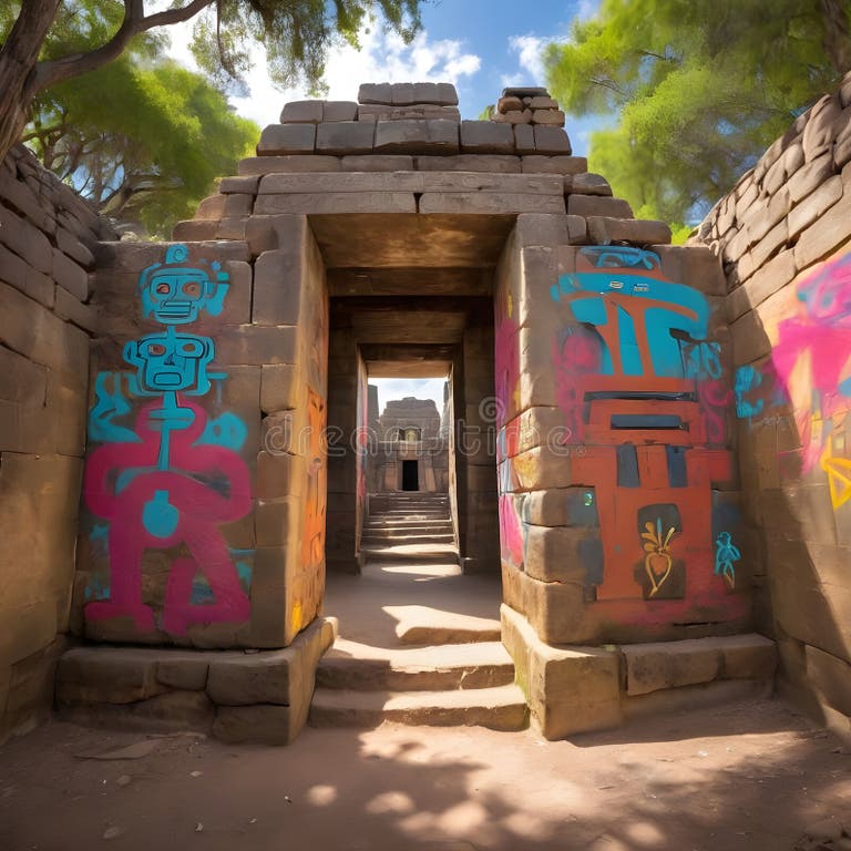 Image of the Aztec Statue in Vibrant Graffiti Scene Drawn Around the ...