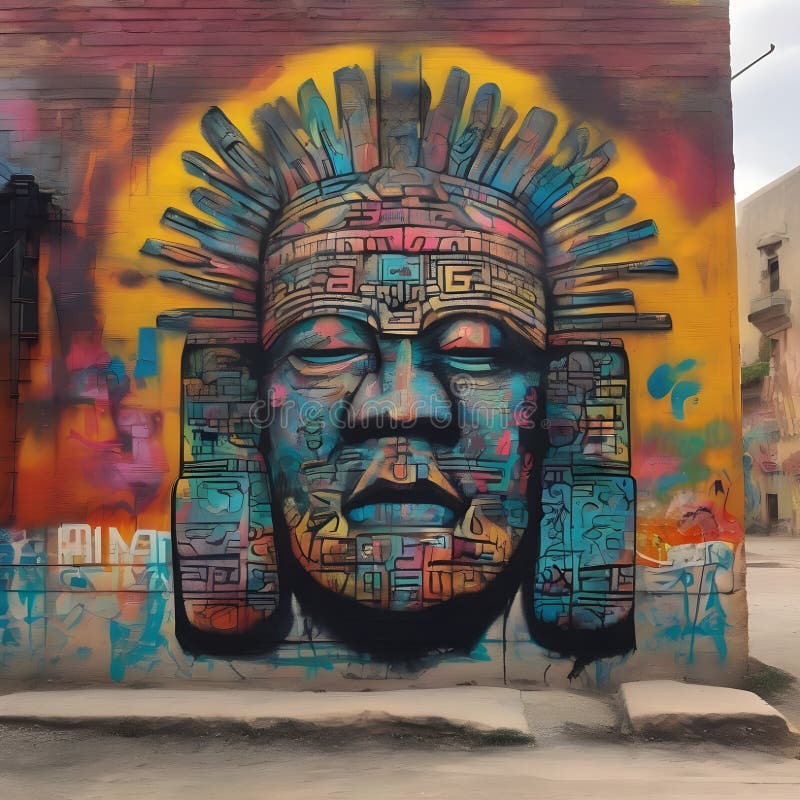 Image of the Aztec Statue in Vibrant Graffiti Scene Drawn Around the ...