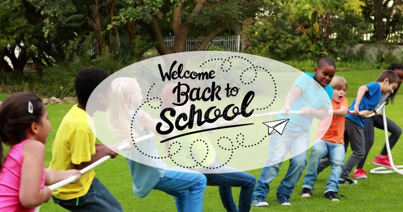 Image of Back To School Text Over Children Playing Stock Photo - Image ...