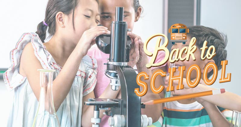 Image of Back To School Text Over Schoolchildren Using Microscope Stock ...