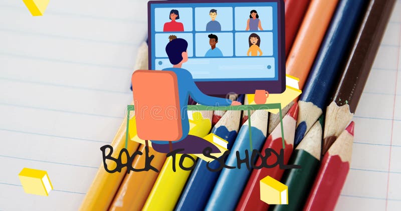 Image of Back To School Text with Schoolboy Using Computer Over ...