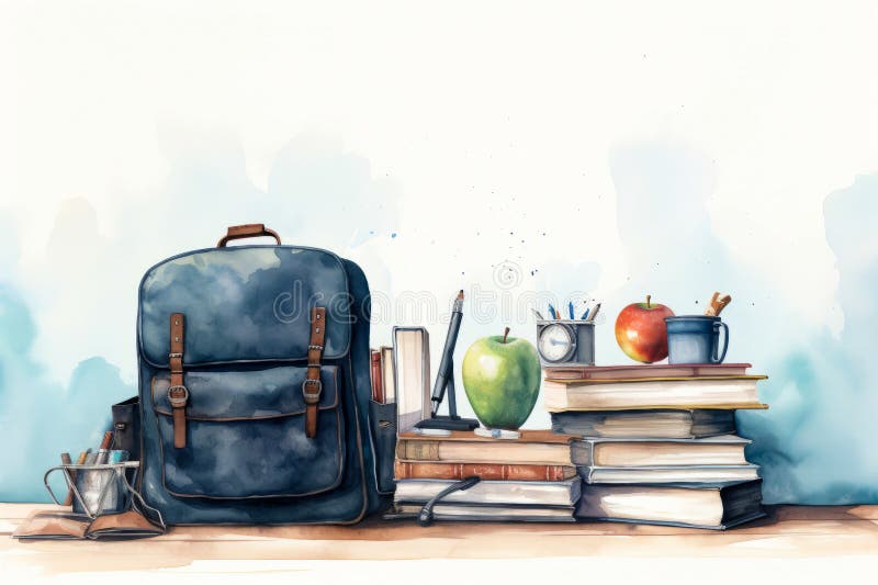 Image of Backpack, Books, and Apple on Table. Generative AI Stock ...