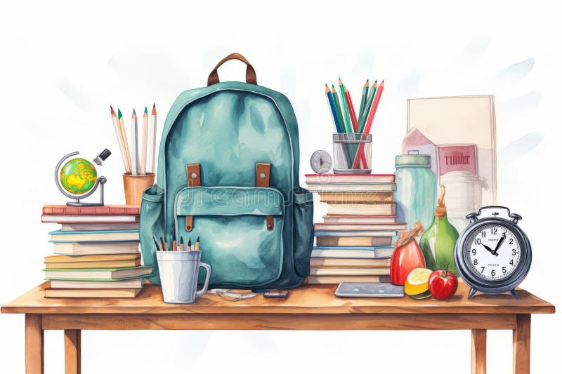 Image of Backpack and Pile of Books and Pencils. Generative AI Stock ...