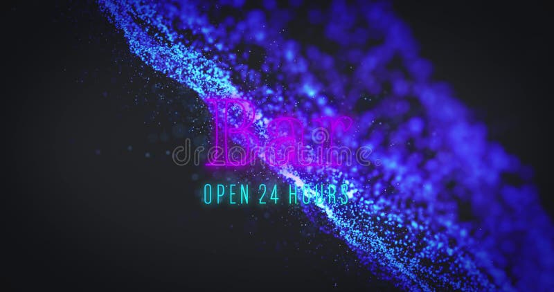 Image of Bar Open 24 Hours and Blue Glitter on Black Background Stock ...