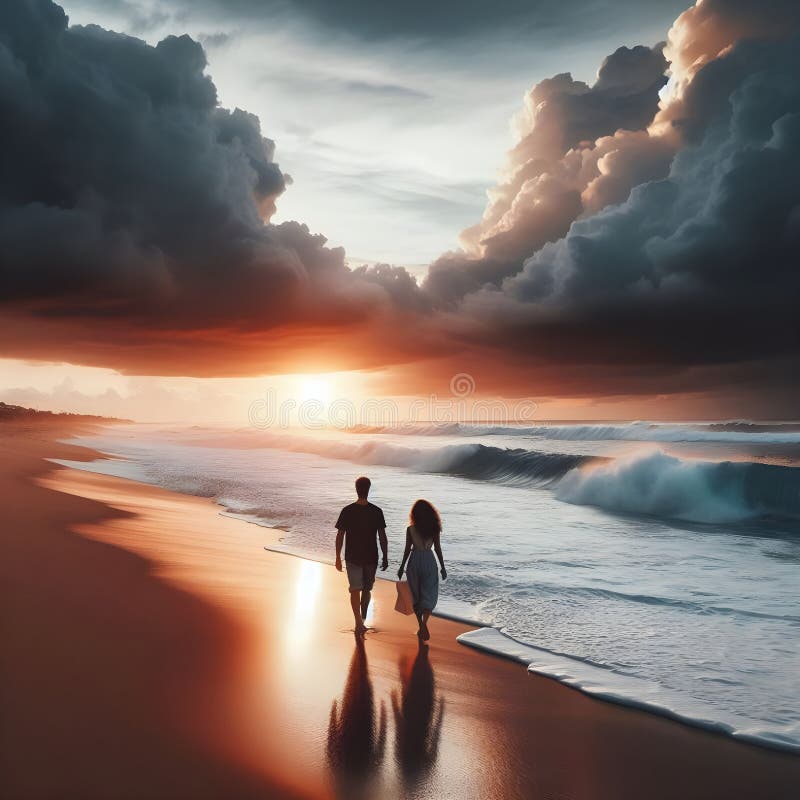 Image of a Beachcomber Walking Down a Beach at Sunset with Waves ...