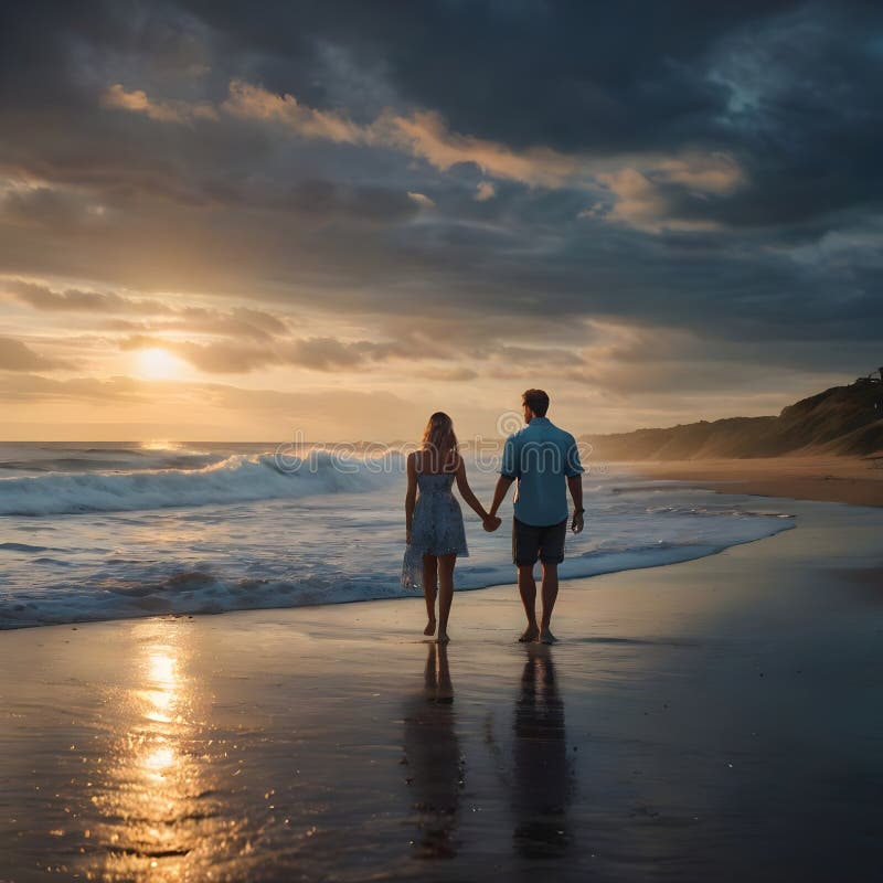 Image of a Beachcomber Walking Down a Beach at Sunset with Waves ...