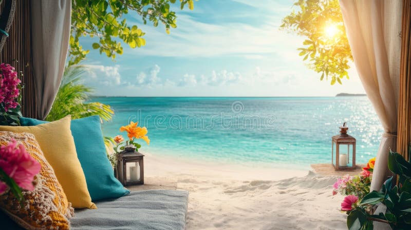 The Image of a Beachfront Utopia Showcases a Plush Shaded Lounge Area ...