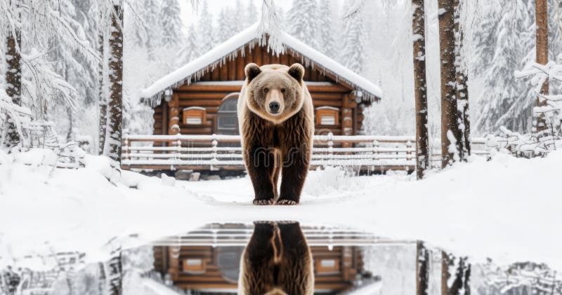 An Image of a Bear Walking Next To a Log Cabin Stock Image - Image of ...
