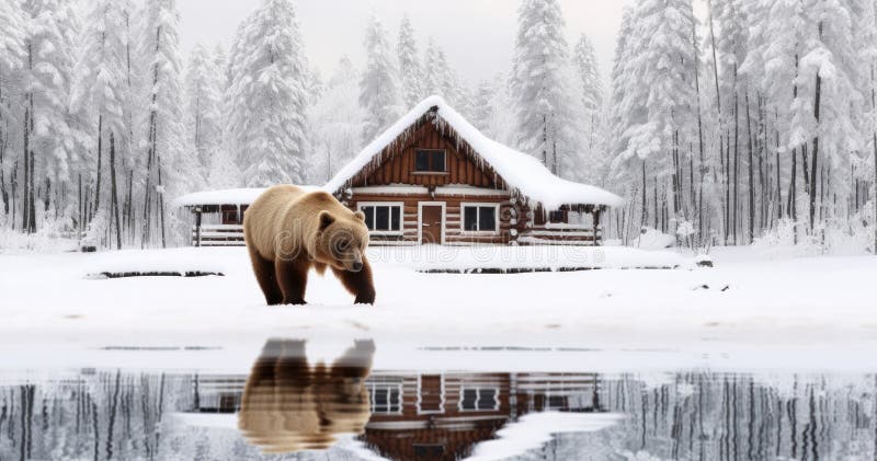 An Image of a Bear Walking Next To a Log Cabin Stock Photo - Image of ...