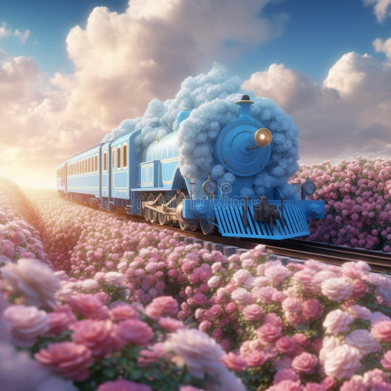 Image of a Beautiful Picture Depicts a Train Surrounded by Flowers ...