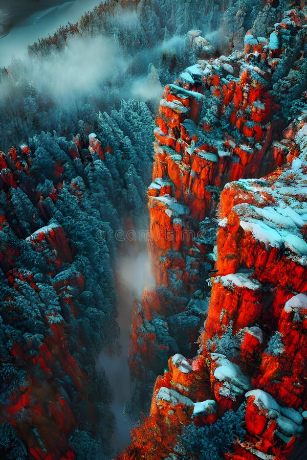 Image of the Beautiful Psychedelic Snowy Cliff Around the Forest ...