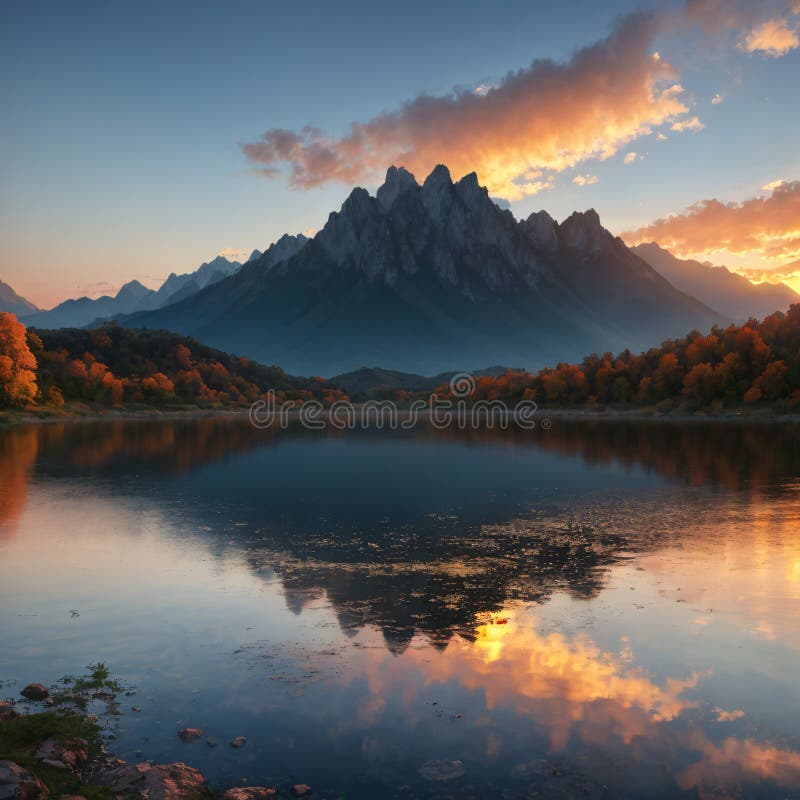 A Beautiful Sunset Scene with Mountains and Reflection in Water. Made ...