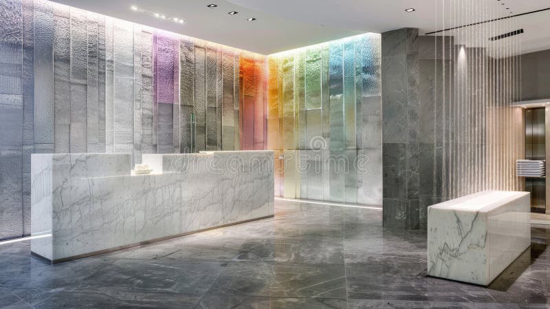 Elegant Minimalist Spa Lobby with Colorful Glass Panels and White ...