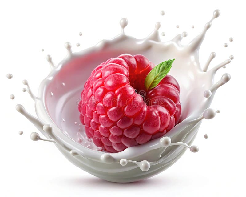 3D Raspberry and Milk Splash on a White Background Stock Image - Image ...