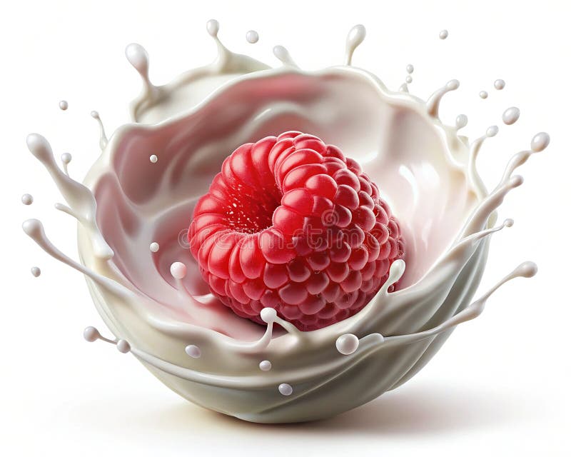 3D Raspberry and Milk Splash on a White Background Stock Image - Image ...