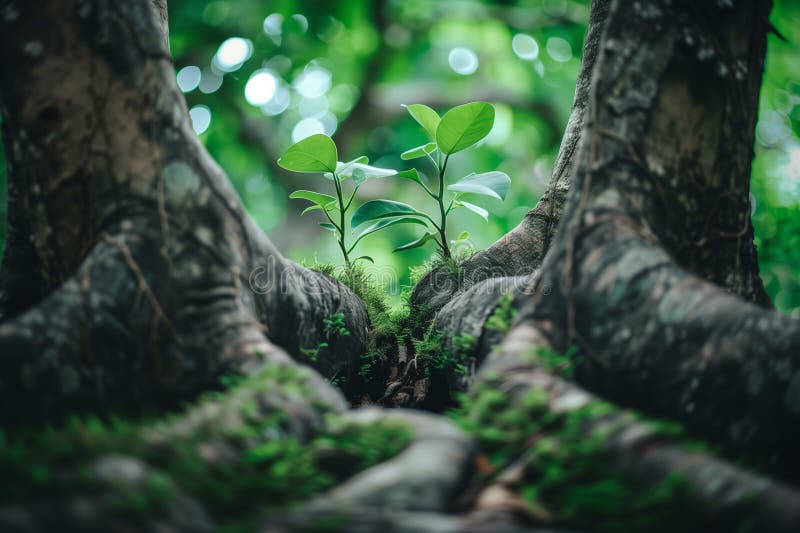 Sapling Thriving between Tree Roots: a Symbol of Resilience and Natural ...