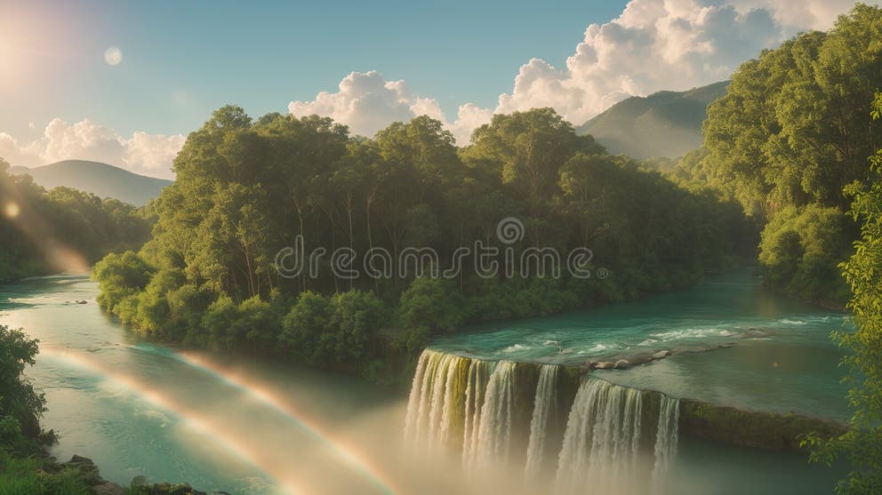 An Image of a Beautifully Symmetrical Waterfall with a Rainbow in the ...