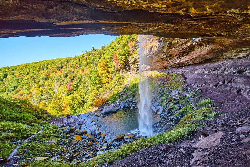 Behind Huge Waterfall Tucked into Cliffs with Open View of Fall Forest ...