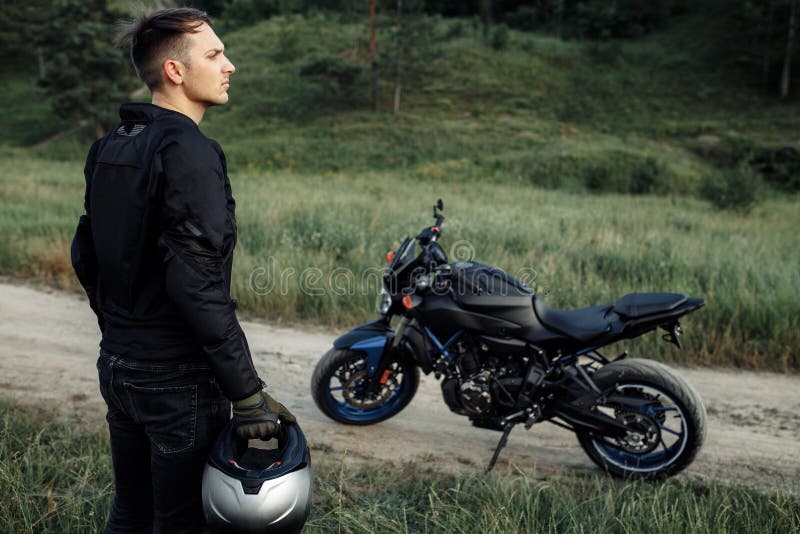 Image of Biker and Motorcycle on the Country Road. Stock Image - Image ...