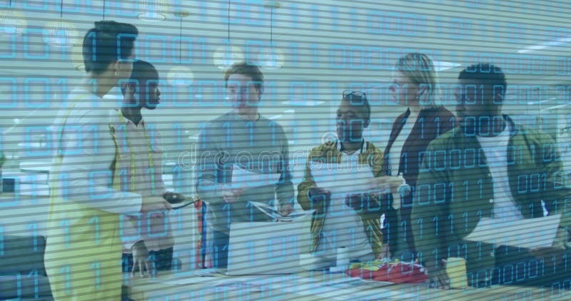Image of Binary Code Over Diverse Coworkers Talking in Office Stock ...