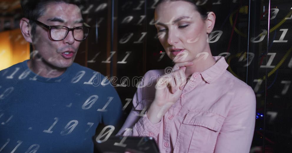 Image of Binary Code Over Diverse Woman and Man Working in Server Room ...