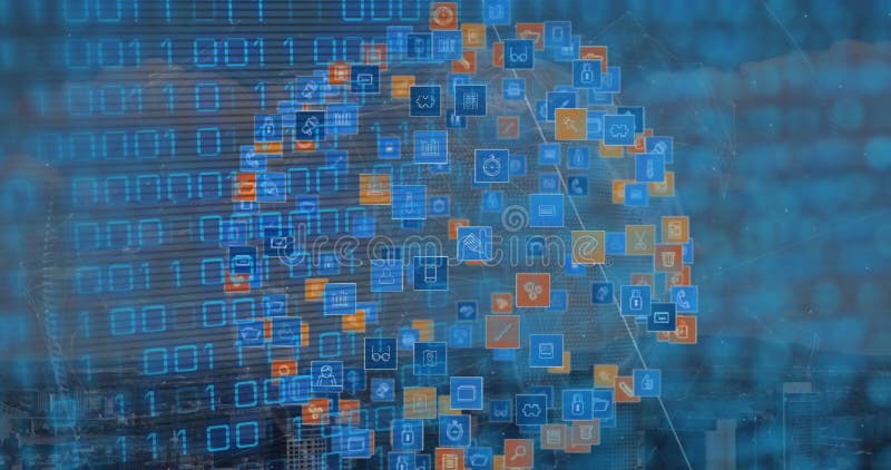 Image of Binary Code Over Globe Made of Icons Stock Illustration ...
