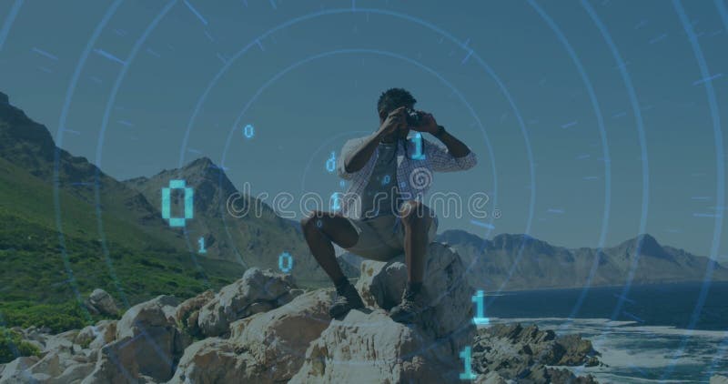 Image of Binary Codes, Circles Over African American Man Looking ...