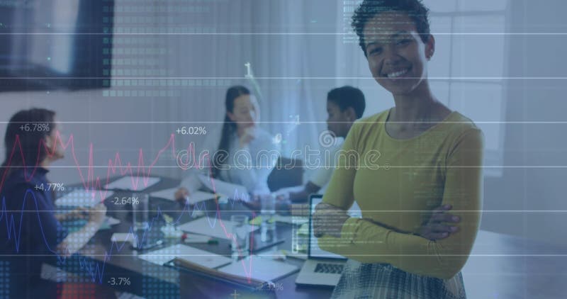 Image Of Binary Codes Computer Language And Graphs Biracial Woman Standing Arms Crossed Stock