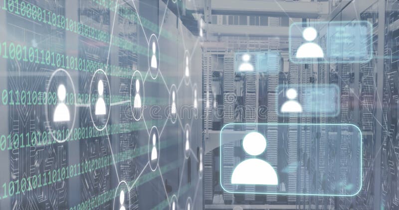 Image Of Binary Codes Connected Profile Icons Over Data Server Systems