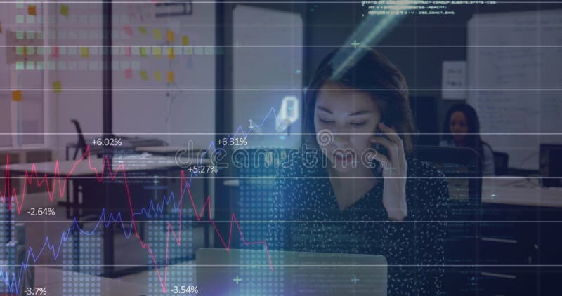 Image of Binary Codes, Graphs, Numbers, Programming Language, Asian Woman Talking on Cellphone ...