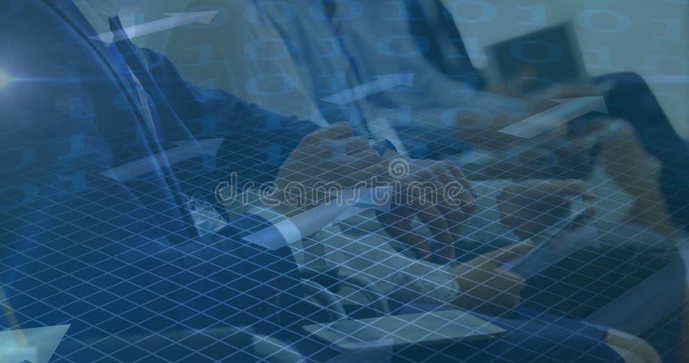 Image of Binary Coding and Arrows Over People Using Electronic Devices ...