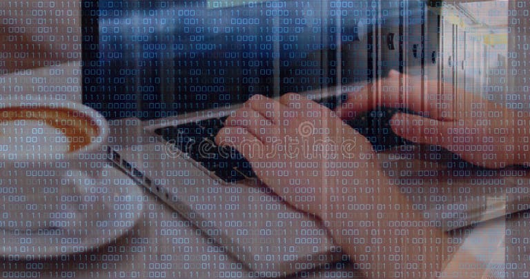 Image of Binary Coding Data Processing Over Mid Section of a Woman Using Laptop at a Cafe Stock ...