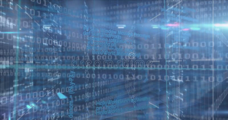 Image of Binary Coding Data Processing Over Screens of Mosaic Squares Against Blue Background ...