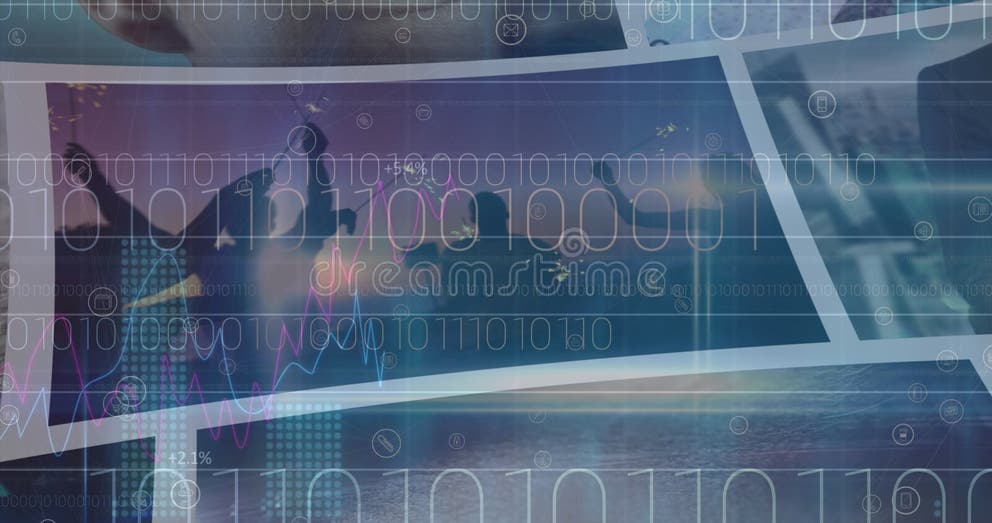 Image of Binary Coding and Data Processing on Screens Over People ...