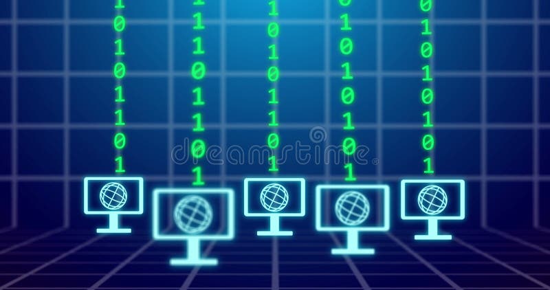 Image Of Binary Coding And Globe Icons On Blue Background Stock