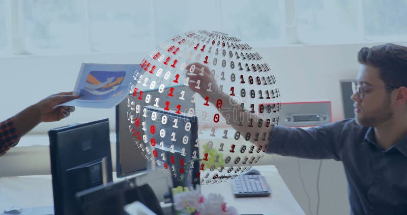Image of Binary Coding with Globe Over Diverse Business People in Office Stock Photo - Image of ...