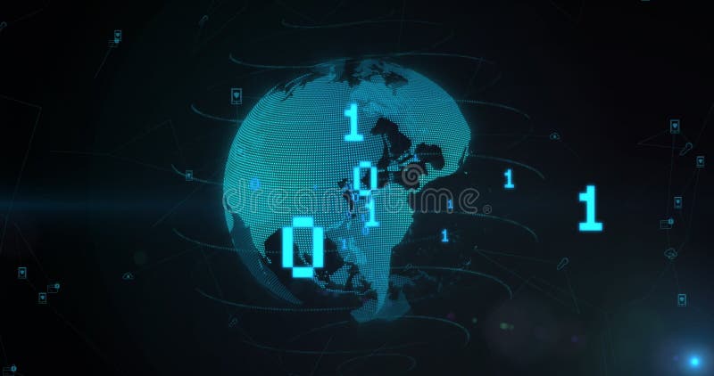 Image of Binary Coding and Light Spot Over Spinning Globe Against Blue Background Stock ...