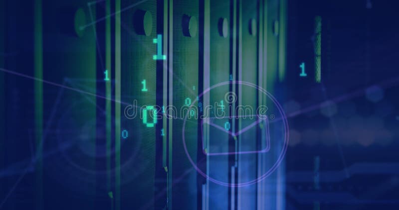 Image Of Binary Coding And Network Of Digital Icons Against Empty Computer Server Room Stock